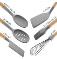 China CU Approved Silicone Kitchen Utensil Set 7 Piece with Wooden Handle Heat Resistant 450F for sale