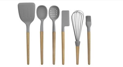 China CU Approved Silicone Kitchen Utensil Set 7 Piece with Wooden Handle Heat Resistant 450F for sale