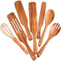 China Natural Teak Wooden Kitchen Utensil Set 7 Piece Non Stick Scratchfree Bamboo Cooking Spoons for sale