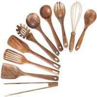 China Natural Wooden Kitchen Utensil Set 9 Piece Spatula Spoon with Storage Bucket for sale