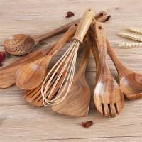 China Natural Wooden Kitchen Utensil Set 9 Piece Spatula Spoon with Storage Bucket for sale