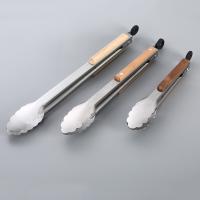 China 14.4 Inch Stainless Steel Kitchen Tongs with Wood Handle Heat Resistant Barbecue Food Clip Set of 2 for sale