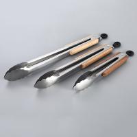 China 14.4 Inch Stainless Steel Kitchen Tongs with Wood Handle Heat Resistant Barbecue Food Clip Set of 2 for sale