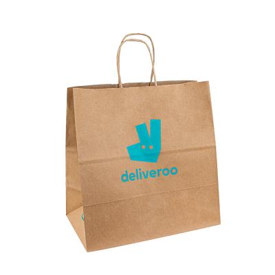 China Custom Kraft Paper Bag with Handle Recyclable Grocery Restaurant Food Packaging 11lb Capacity for sale