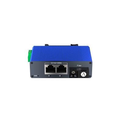 China Industrial Mini Gigabit Fiber Ethernet Switch 1 Fiber 2 RJ45 Ports 1000Mbps Network Switch Blue for sale