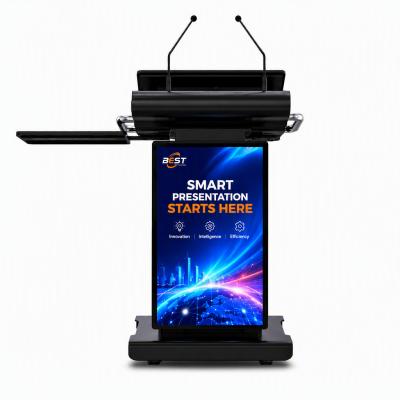 China Black Smart Digital Podium 23.6 Inch Touch Screen Lectern 32 Inch Signage Electric Lift for Church School Conference for sale