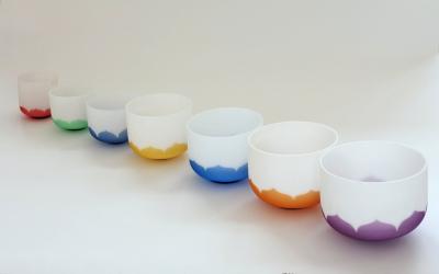 China Frosted Quartz Crystal Singing Bowl Set 7 to 14 Inch Lotus Chakra Tuned with Mallet for sale