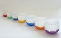 China Frosted Quartz Crystal Singing Bowl Set 7 Pcs 6-12 Inch Lotus Chakra Design 7 Notes C to B for sale
