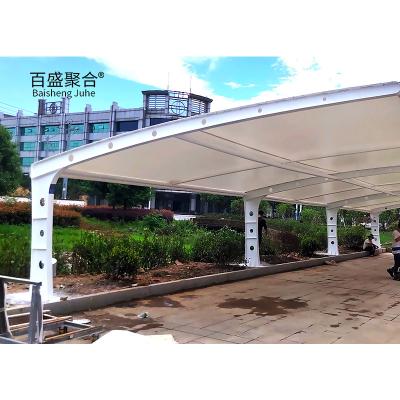 China PVDF PTFE Tensile Membrane Fabric Large Steel Frame Automatic Awning for 3 Cars Parking for sale