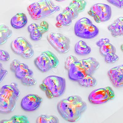 China Custom 3D holographic shine stickers Iridescent Rainbow Film Aurora Shimmer Bubble Epoxy Cartoon Stickers for sale