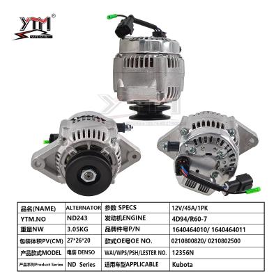 China ND243 12V 45A 1PK  Alternator OE 1640464010 1640464011  for Kubota 4D94 R60-7 Heavy Duty  Replace for sale