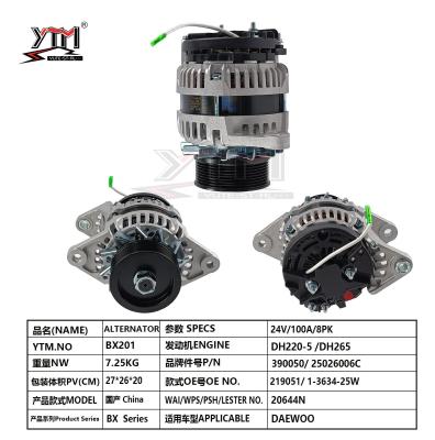 China BX201 24V 100A 8PK Alternator Assembly OE Numbers 219051 390050 for DAEWOO DH220-5/DH265 Excavator for sale