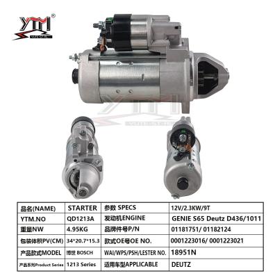 China YTM QD1213A 12V 2.3KW 9T Starter Motor for Deutz D436 1011 Engine Genie S65 0001223016 0001223021 Deutz 01181751 01182124 Replacement Starter for sale