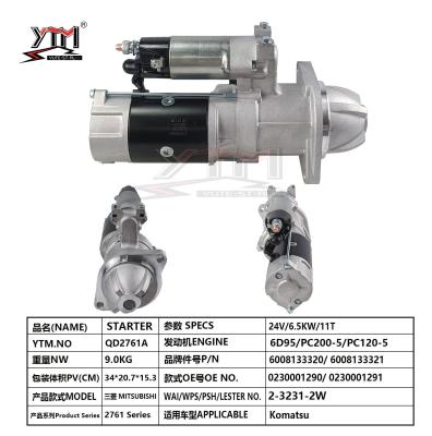 China 24V 11T 6.5KW Starter Motor QD2761A For Komatsu PC200-5 PC120-5 6D95 Engine OE 0230001290 6008133320 2-3231-2W for sale