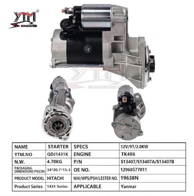 China QDJ1431K 12V 2.0KW 9T Starter Motor S13407 S13407A S13407B 12968577011 19638N  For Yanmar TK486 Engine for sale