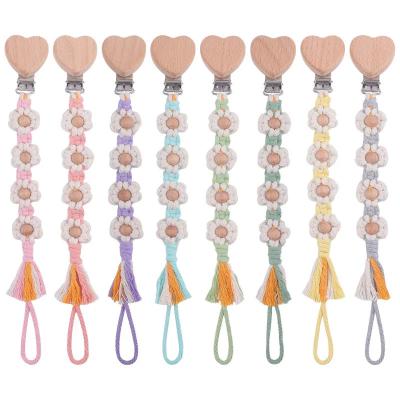 China Crochet Pacifier Chain Clip Eco Friendly Handmade Colored Teether Wood Clip for sale