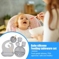China Baby Weaning Plate Set Silicone Bib Spoon Bowl Plate Tableware Set for sale