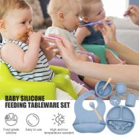 China Baby Weaning Plate Set Silicone Bib Spoon Bowl Plate Tableware Set for sale