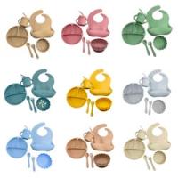 China Baby Weaning Plate Set Silicone Bib Spoon Bowl Plate Tableware Set for sale