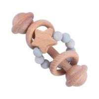 China Beech Wooden Baby Rattle Shake Toy Wood Animal Teether Ring Grasping Teething Toys for sale