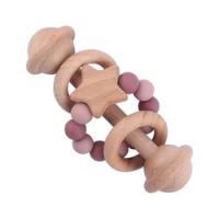 China Beech Wooden Baby Rattle Shake Toy Wood Animal Teether Ring Grasping Teething Toys for sale