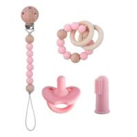 China Silicone Toothbrush Infant Teething Toys 4 Pieces Set Baby Pacifier Clips Teether for sale