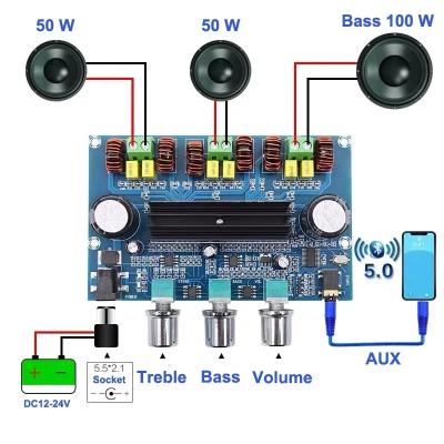 China CA-3166B Bluetooth 5.0 Amplifier Board 2*50W+100W 2.1 Channel TPA3116D2 with DC12~24V Power Supply for sale