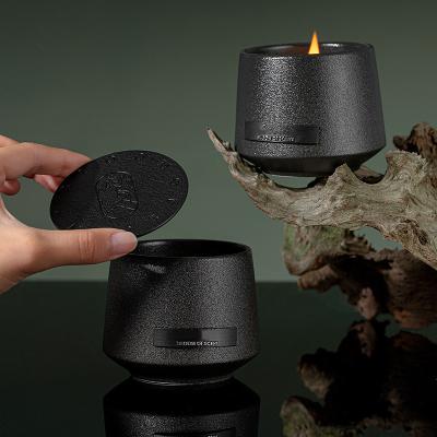 China AROMA HOME Wholesale Custom Home Decorative Black Wooden Wick Frosted Creative Ceramic Metal Lid Scented Candles for sale
