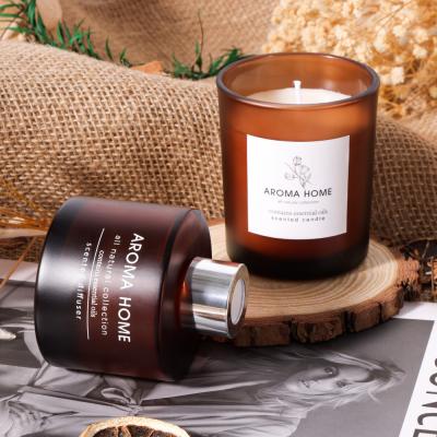 China AROMA HOME Hot-sell Oil Fragrance Glass Jar Luxury Brown Reed Diffuser Scented Candles Gift Set for sale