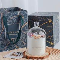 China Home Hotel Soy Wax Glass Jar Scented Candle With Potpourri Wood Base Bell Lid for sale