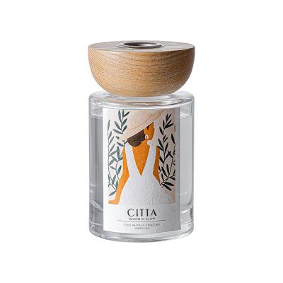 China Aromatherapy Essential Oil Fragrance Perfume Glass Bottle Reed Diffuser With Wooden Lid for sale