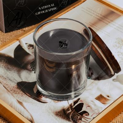 China Custom Transparent Jar Black Soy Wax Vanilla Scent Candle With Wooden Lids for sale