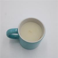 China Aroma Home Shiny Blue Round Tea Cup Scented Ceramic Soy Candle 5.5oz for sale