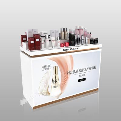 China Skincare Store Display Rack Platinum Wooden Central Hall Cabinet With Led Lights For Cosmetic Store Table And Branding Display Stand for sale