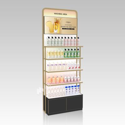 China Skincare Display Rack Black& Gold Wooden Laundry and Care Products Display Cabinet With Adjustable Layer Board For Brand Cosmetic Store Interior Design for sale
