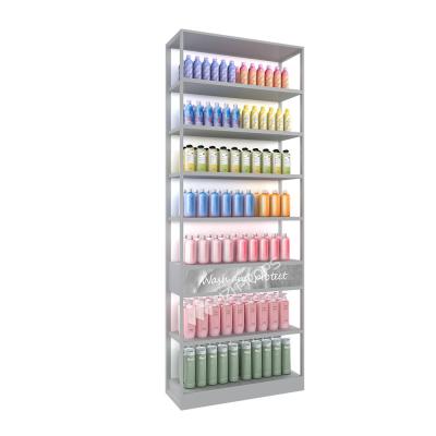 China Gray Wooden Retail Merchandise Display Rack Shelves Glass Counter For Cosmetic Shop for sale