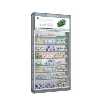 China Aluminium Modular Pharmacy Racks Tempered Glass Showcase Store Display Furniture for sale