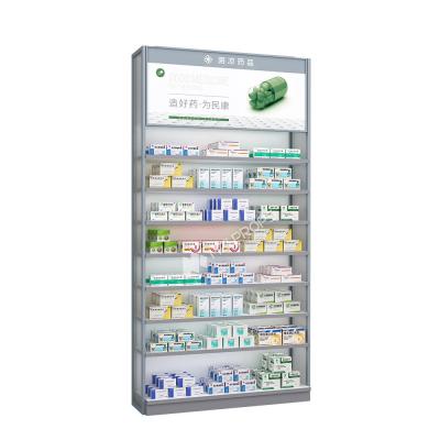 China Aluminum Wood Retail Store Shelving Units Medicine Rack For Pharmacy Display Table for sale