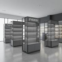 China Gray Glossy Laminated Board Store Display Showcase with Powder Coated Finish and 50kg Per Shelf Capacity for Retail Racks for sale