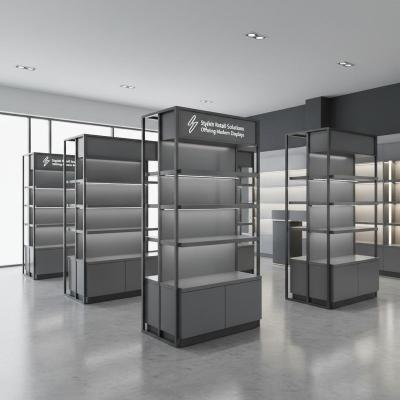 China Gray Glossy Laminated Board Store Display Showcase with Powder Coated Finish and 50kg Per Shelf Capacity for Retail Racks for sale