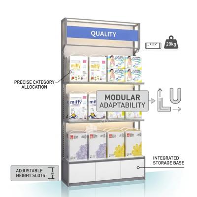 China Modular Diaper Wall Display Shelving System MDF Acrylic Baby Store Fixtures for Retail Shop for sale