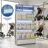 China Stroller Display Rack Baby Shop Fixtures Adjustable Steel Frame MDF Shelving for Retail Store for sale