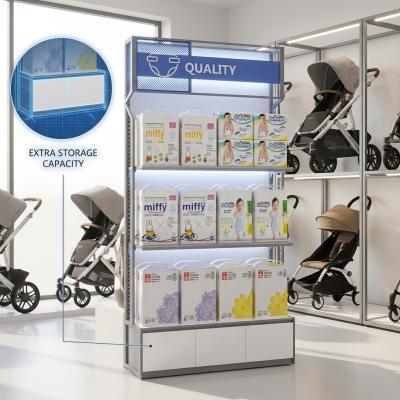 China Stroller Display Rack Baby Shop Fixtures Adjustable Steel Frame MDF Shelving for Retail Store for sale