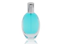 China Drop Shaped Empty Perfume Bottles 100ml With Silver Aluminum Perfume Pump Collar And Cap for sale