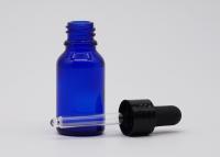 China Glass Blue Essential Oil Dropper Bottles With 18mm Black Plastic Dropper Black Teat for sale