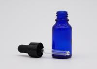China Glass Blue Essential Oil Dropper Bottles With 18mm Black Plastic Dropper Black Teat for sale