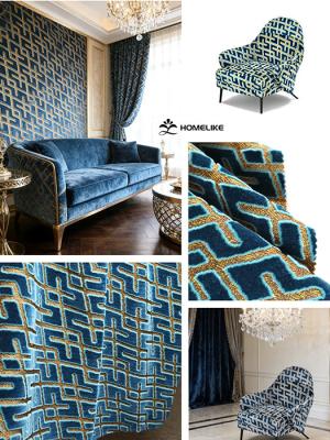 China Light Retro Blue and Gold Geometric Jacquard Velvet Fabric For Sofa for sale