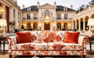 China French Neoclassical Style Orange-Red Artistic Tree Jacquard Velvet Fabric For Sofa for sale