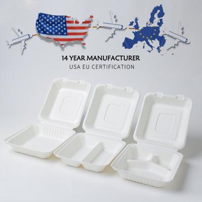 China Biodegradable Sugarcane Bagasse Food Container 6 Inch Clamshell Take Away Box Custom Logo for sale