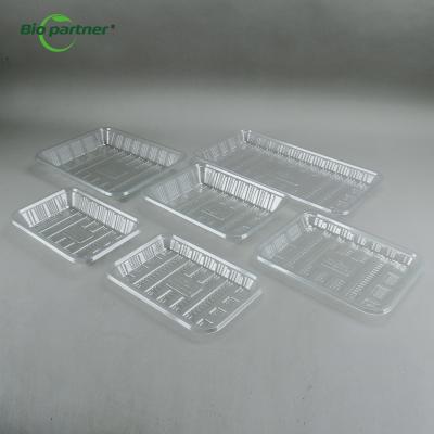China PET Blister Frozen Food Tray Custom Size Rectangle Disposable Meat Fruit Vegetable Packaging for sale